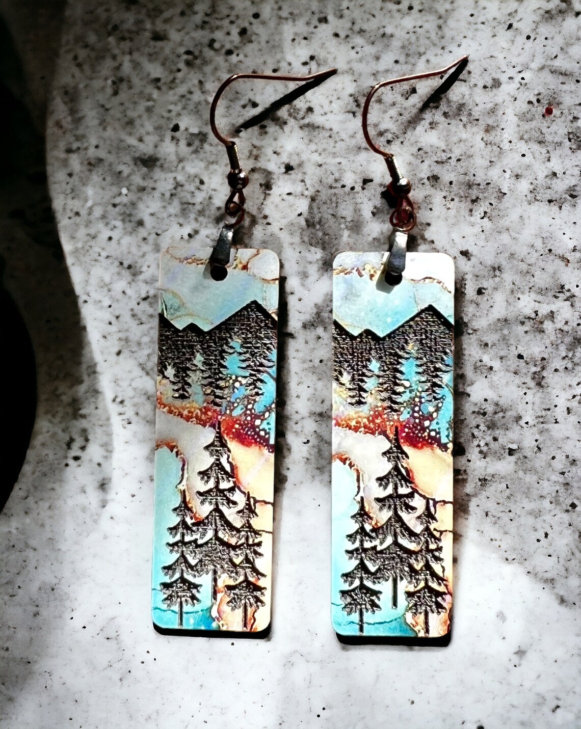 Rectangle Engraved Trees Mountains Earrings Dangle/hanging - Etsy