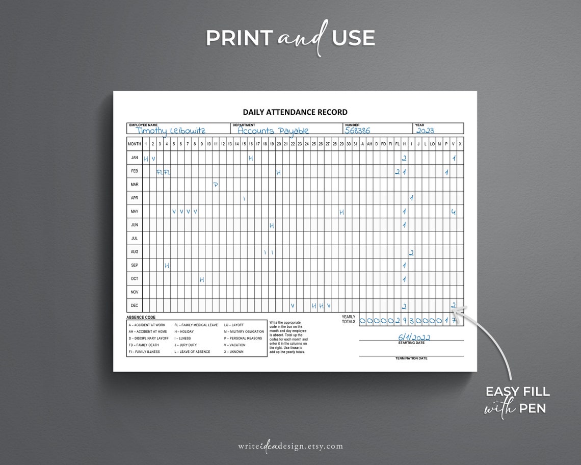 Employee Attendance Tracker: Printable Absence Log (PDF) - Etsy