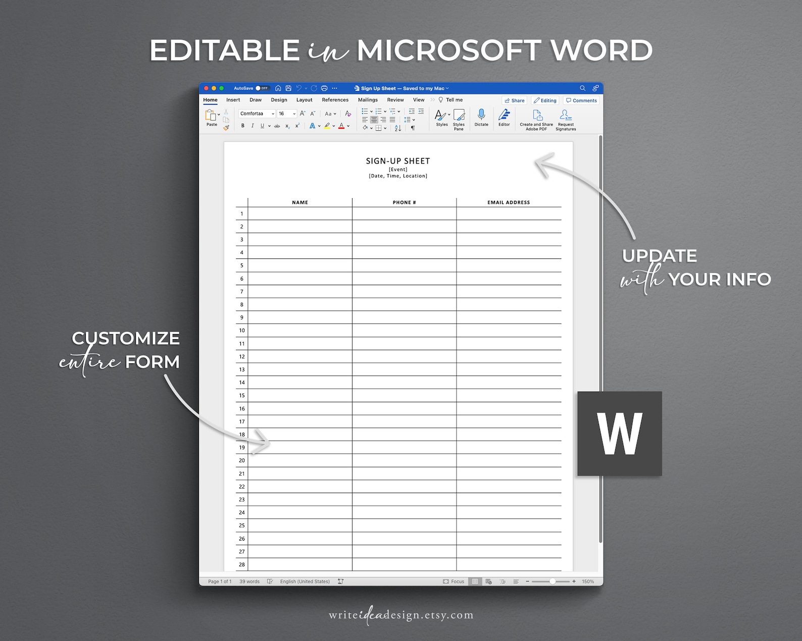 Editable Sign up Sheet. Pdf/google Docs/microsoft Word. Sign up ...