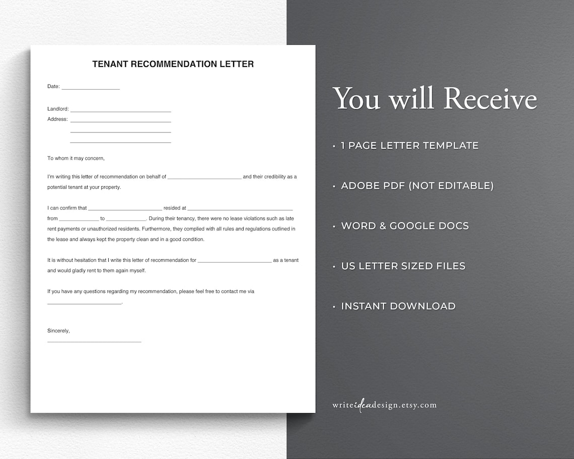 Tenant Recommendation Letter Template (google Docs, Word, PDF) - Etsy