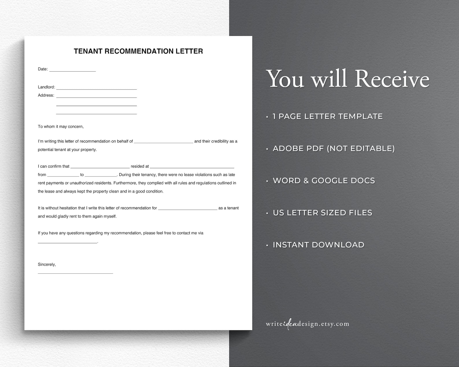 Tenant Recommendation Letter Template (google Docs, Word, PDF) - Etsy