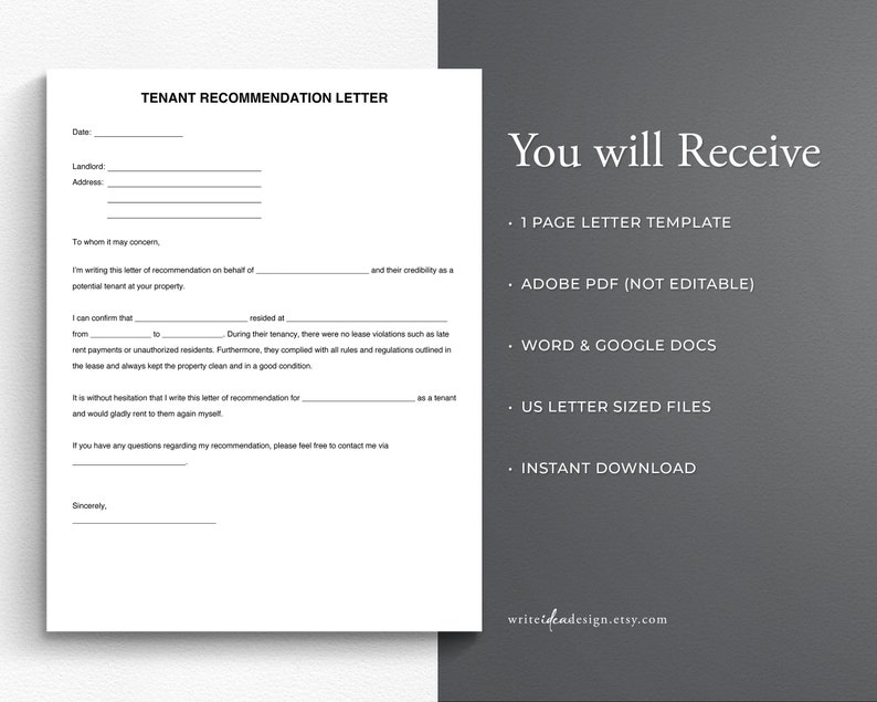 Tenant Recommendation Letter Template (google Docs, Word, PDF) - Etsy