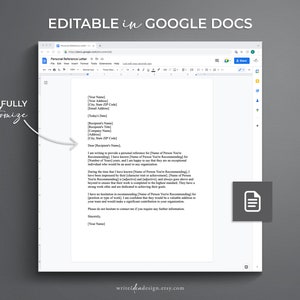 Personal Reference Letter Template. Google Docs/microsoft Word. Letter ...