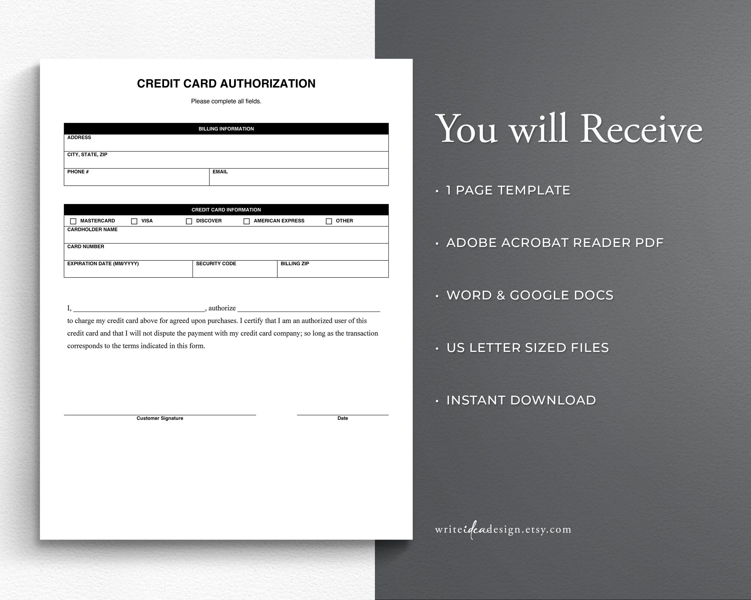 Credit Card Authorization. Pdf/google Docs/word. Credit Card - Etsy