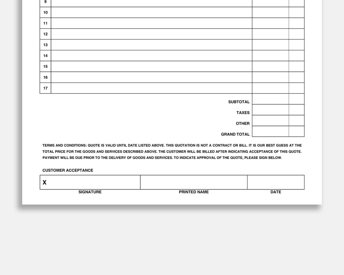 Printable Quote Template. Quote Form. Job Proposal Template. - Etsy