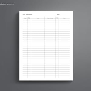 Printable Restaurant Table Reservation List (PDF) - Etsy