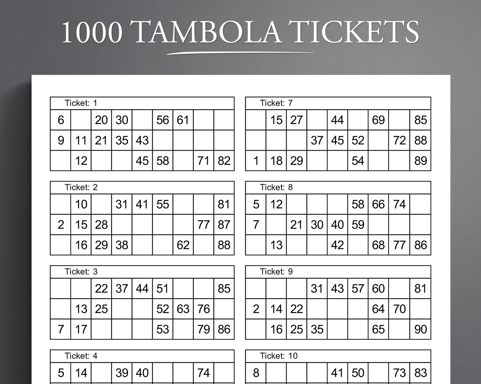 Printable Set of 1,000 Tambola Tickets. 12 Tickets per Page. 84 Pages ...