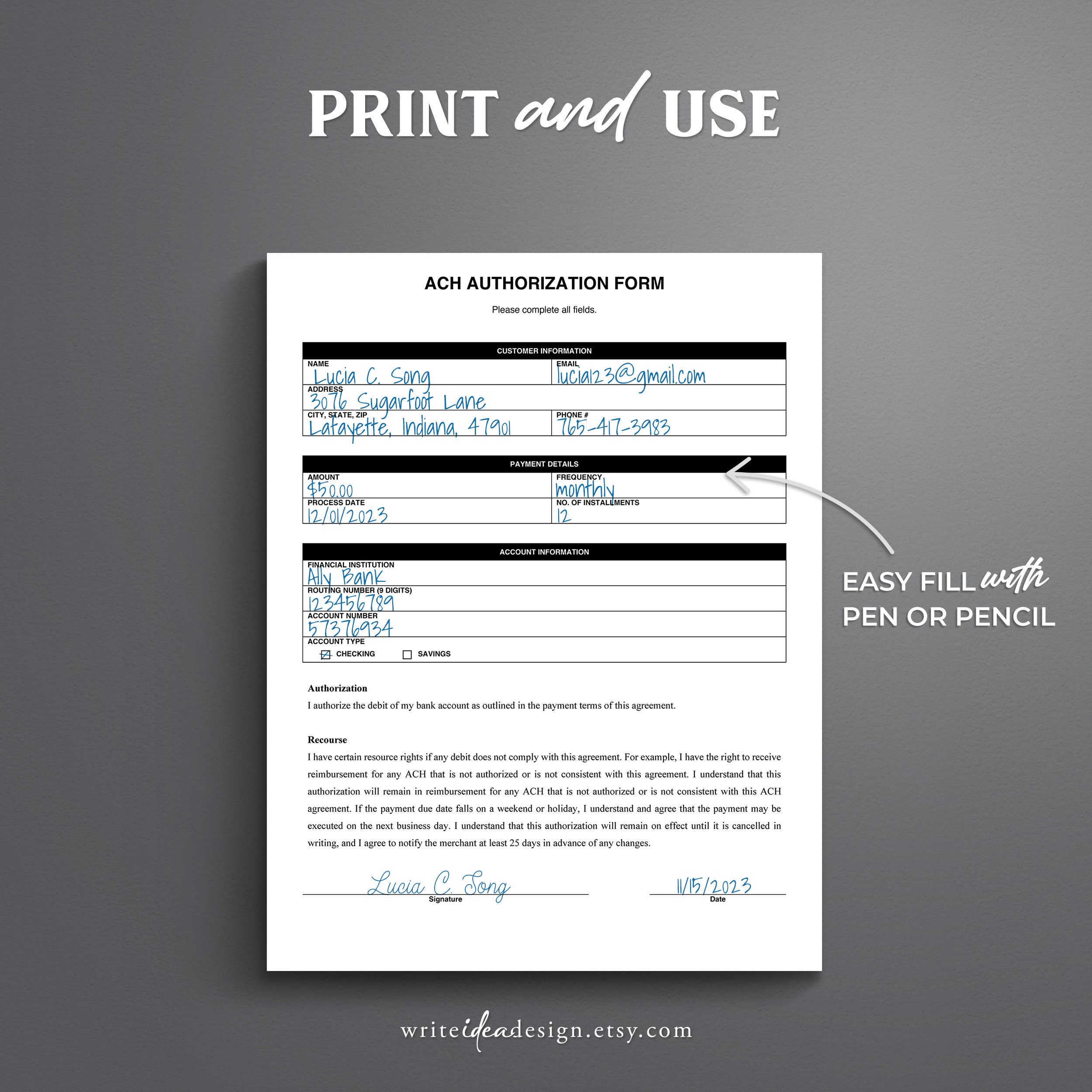 ACH Authorization Form Template - Debit Authorization for Payment ...