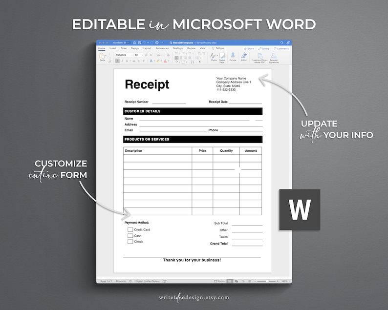 Receipt Template. Pdf/google Docs/microsoft Word. Receipt Form ...