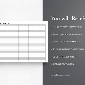 Parent Contact List Template: Excel, Google Sheets, Printable PDF - Etsy