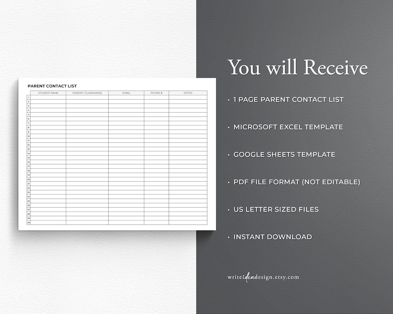 Parent Contact List Template: Excel, Google Sheets, Printable PDF - Etsy