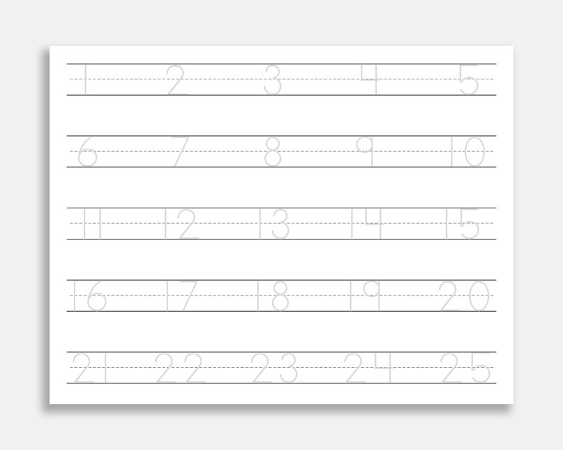Number Tracing Worksheet 1-25. Printable Trace Numbers. - Etsy