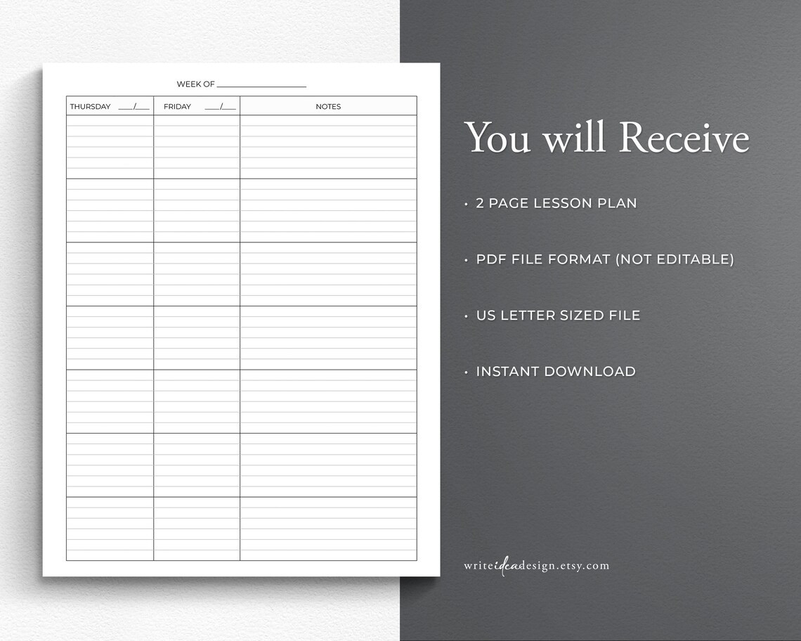 Printable Teacher Lesson Plan Template, Weekly Planner (PDF) - Etsy