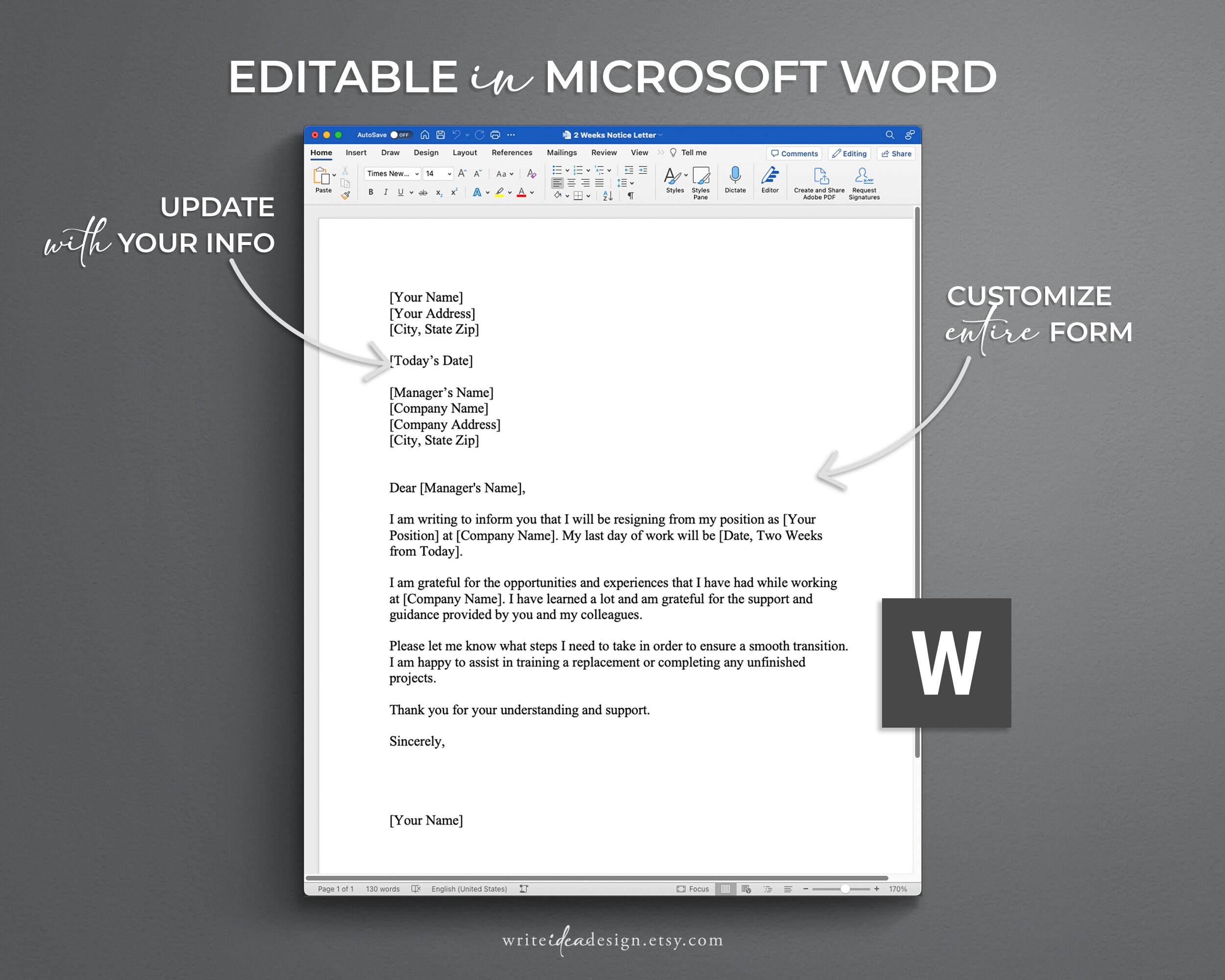2 Weeks Notice. Letter Template. Google Docs/microsoft Word. - Etsy Canada