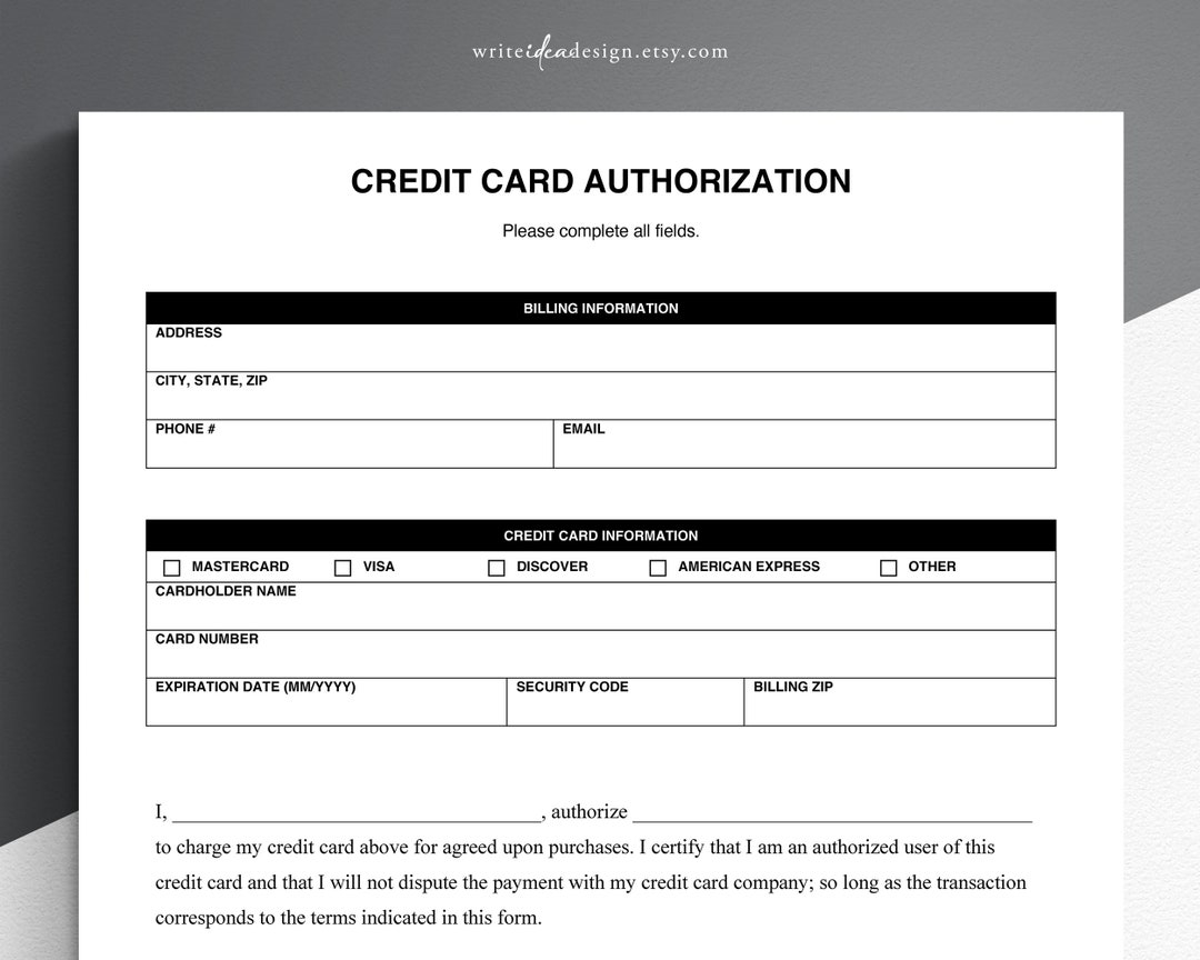 Credit Card Authorization. Pdf/google Docs/word. Credit Card Billing ...