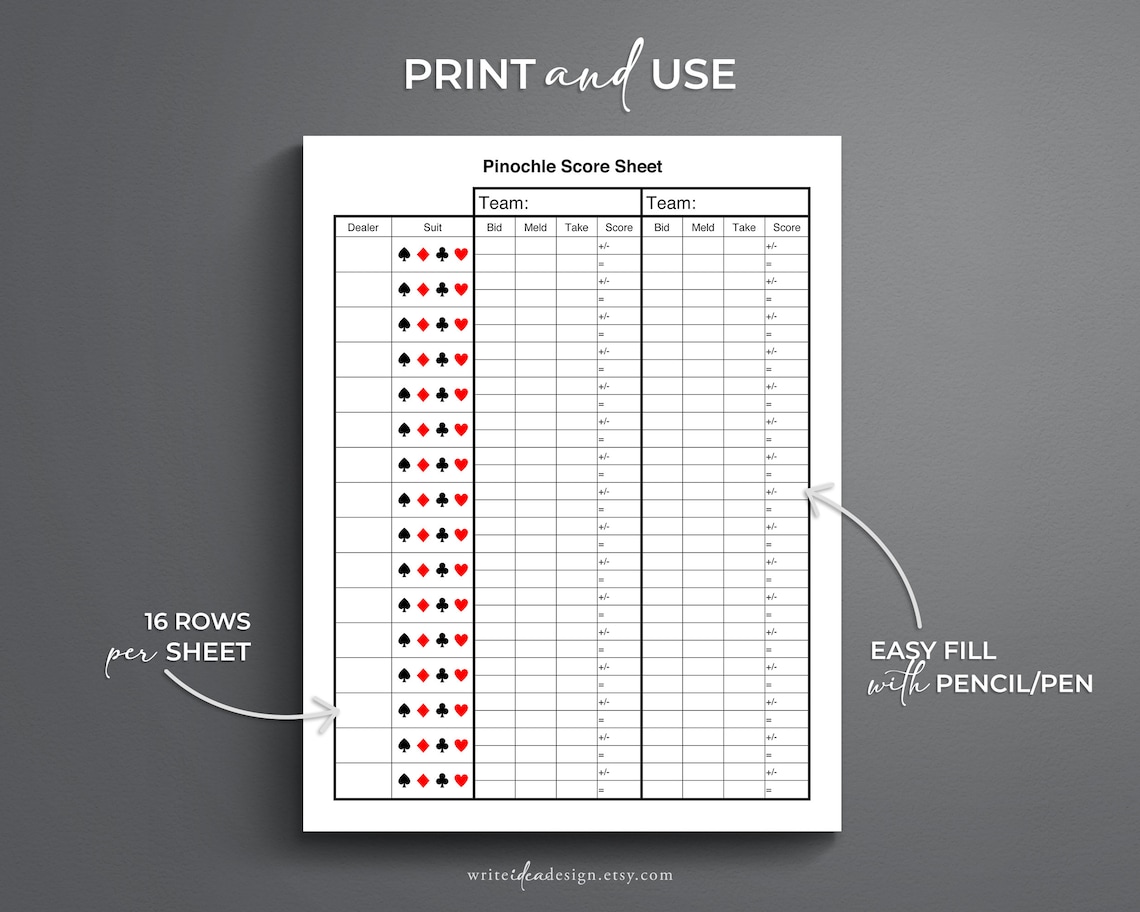 Pinochle Score Card. Printable Pinochle Score Sheet. Pinochle Score Pad ...