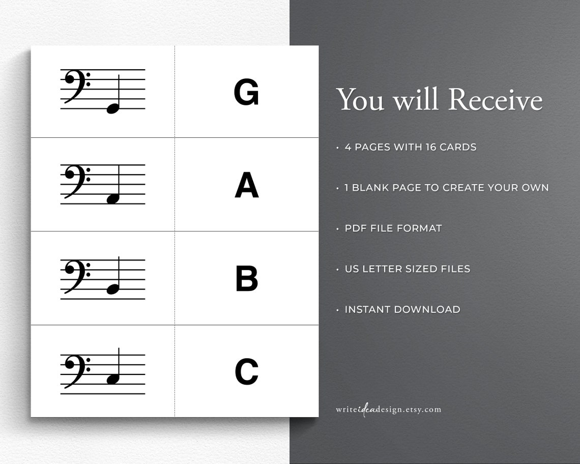 Printable Music Note Flash Cards. Bass Clef. Learning to Read - Etsy