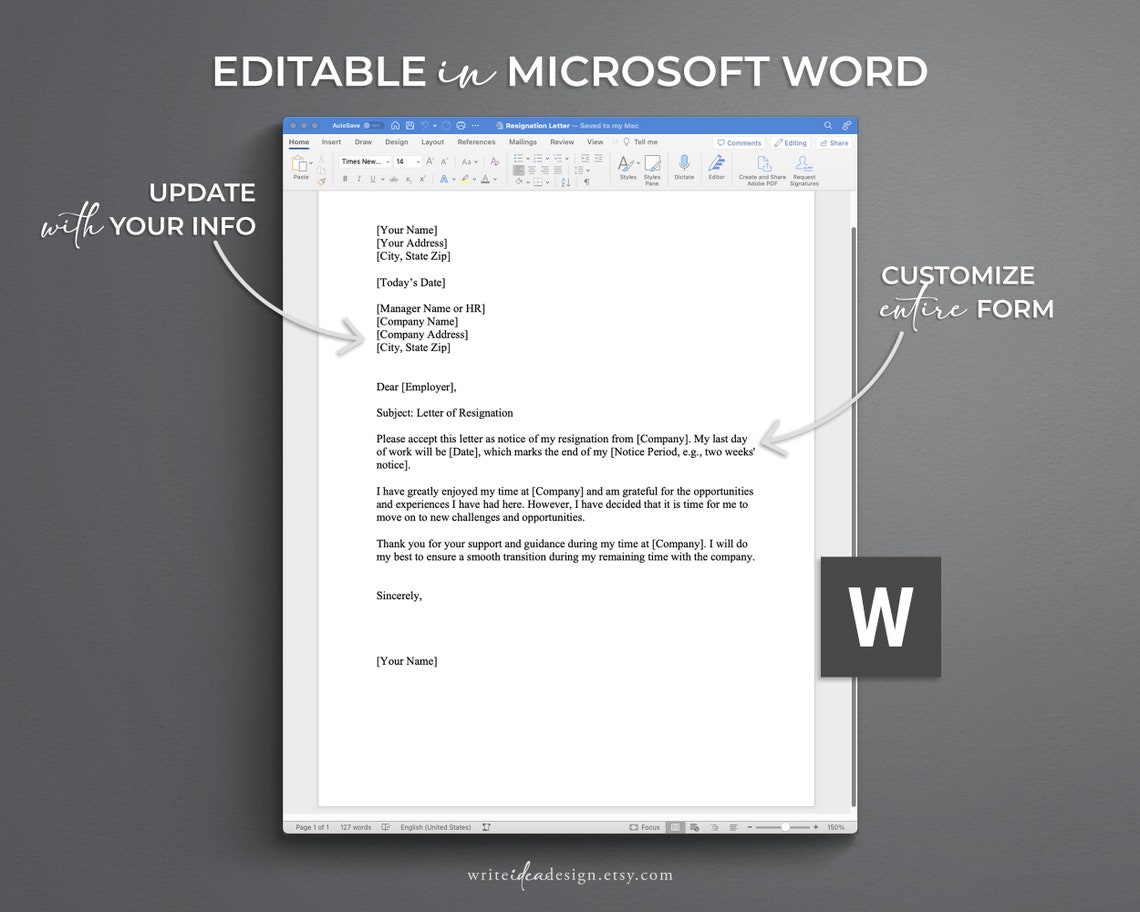 Professional Resignation Letter Template, Editable in Word or Google ...
