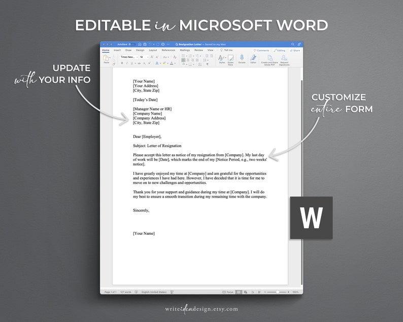 Professional Resignation Letter Template, Editable in Word or Google ...