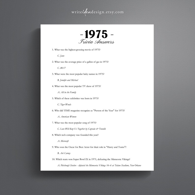 1975 Trivia Game: Retro 70s Party Quiz (printable PDF) - Etsy