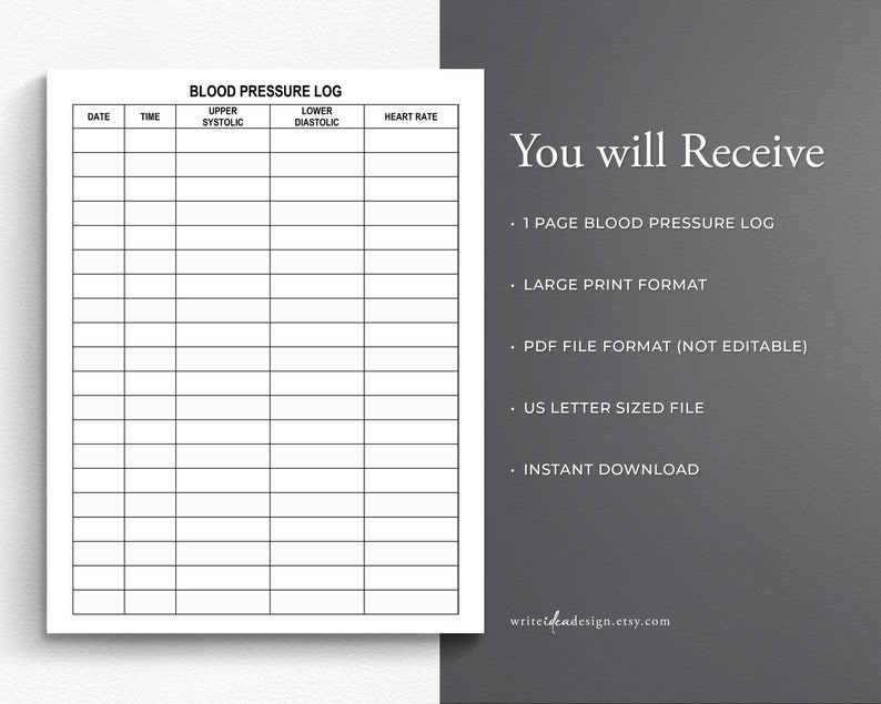 Printable Large Print Blood Pressure Log. Blood Pressure Tracker ...