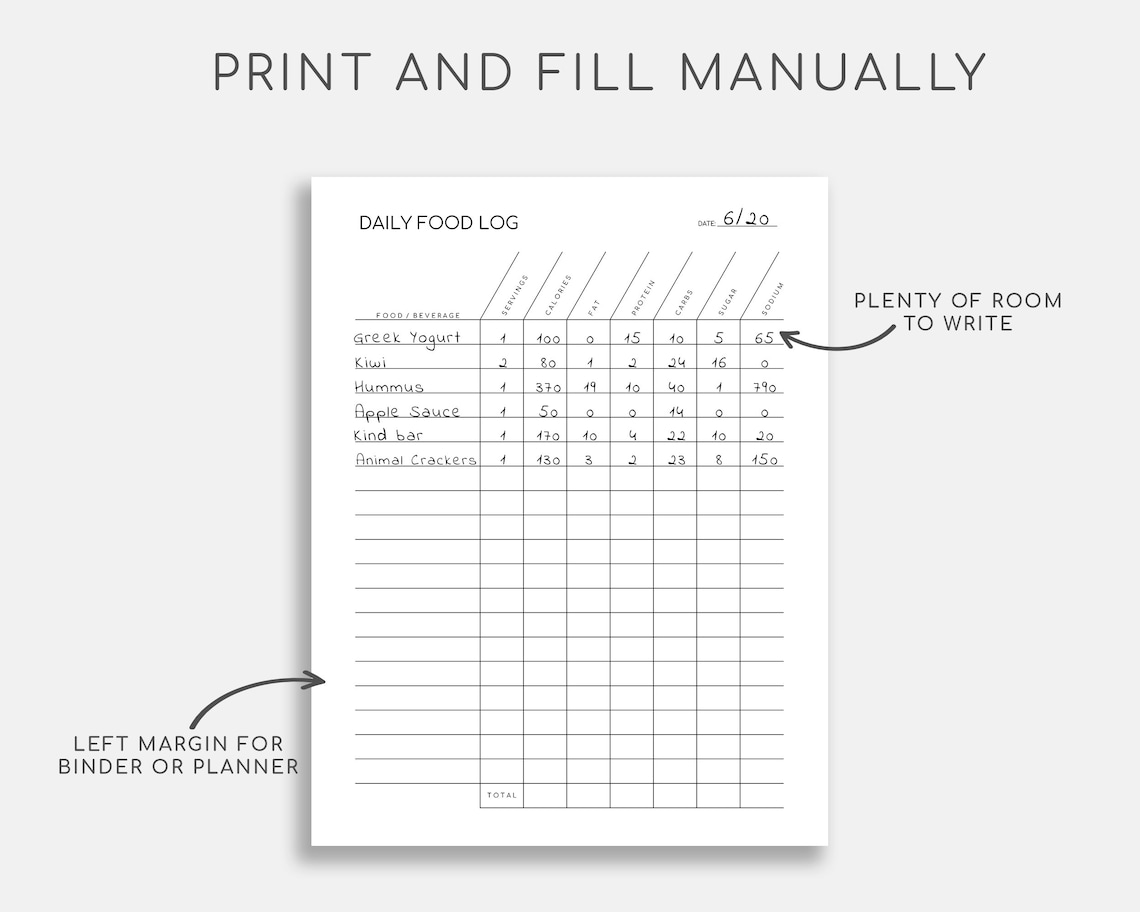 Daily Food Log. Food Tracker. Food Journal. Food Diary. Food Log. Meal ...