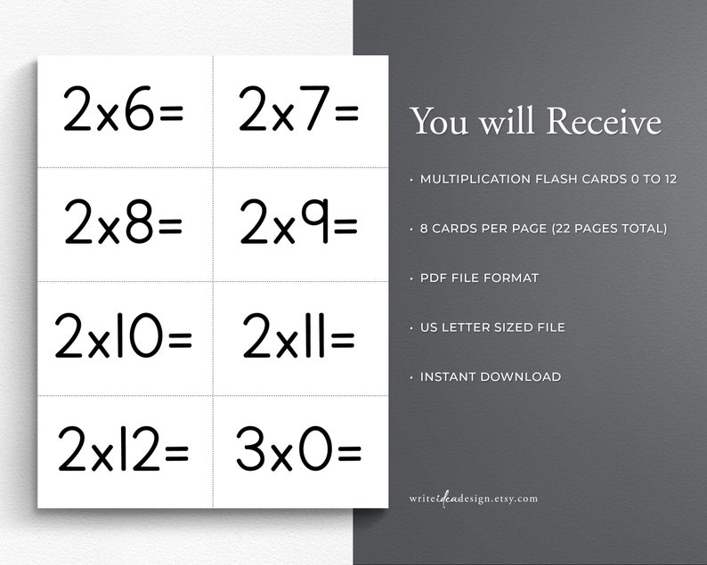 Multiplication Flash Cards Set 0-12: Math Practice (PDF) - Etsy