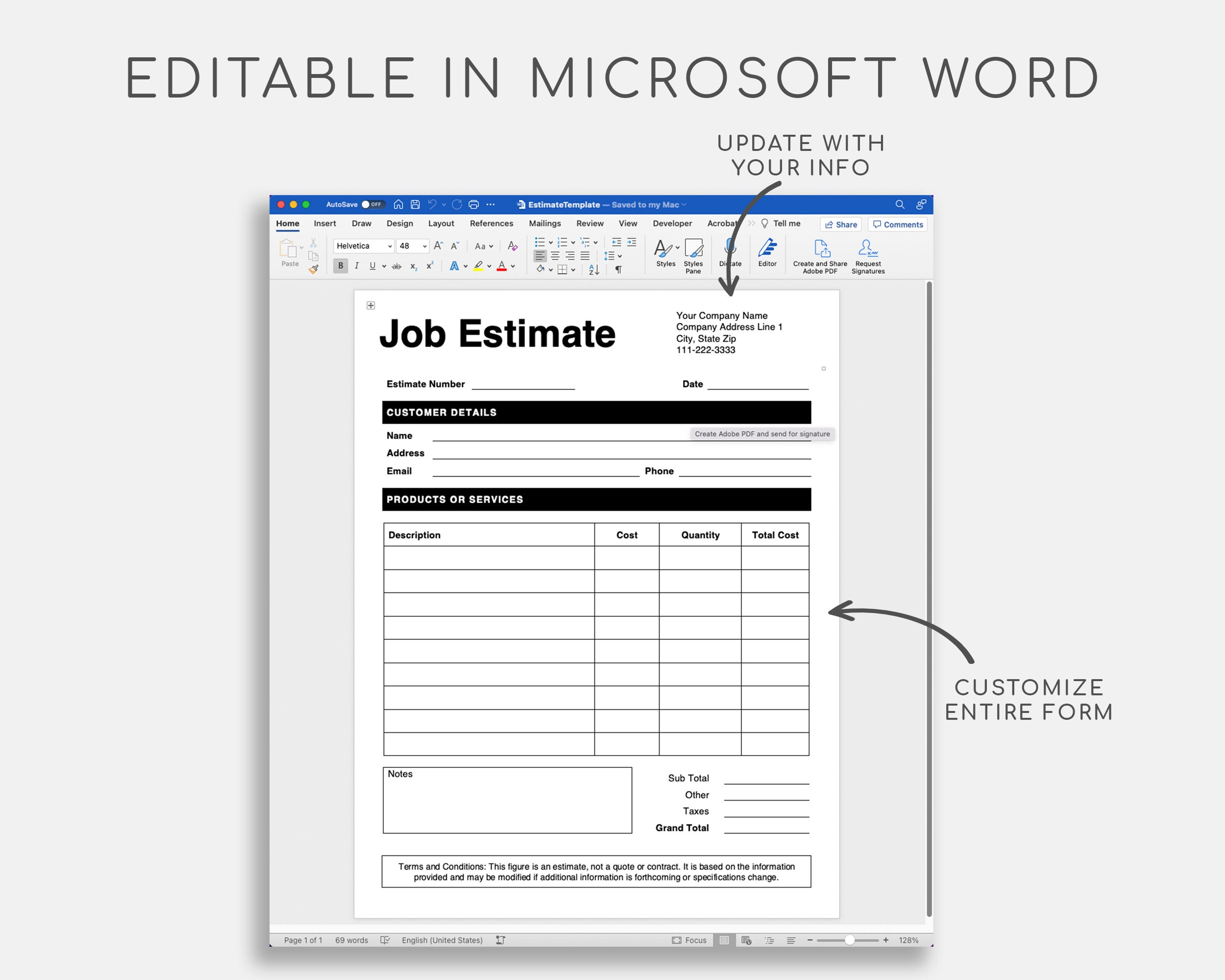 Job Estimate. Pdf/google Docs/microsoft Word. Contractor - Etsy