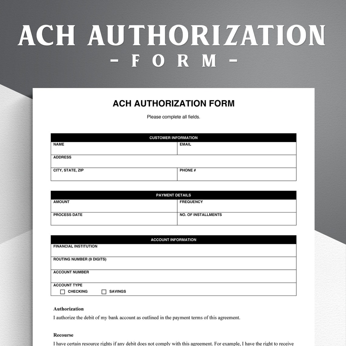 ACH Authorization Form Template - Debit Authorization for Payment ...