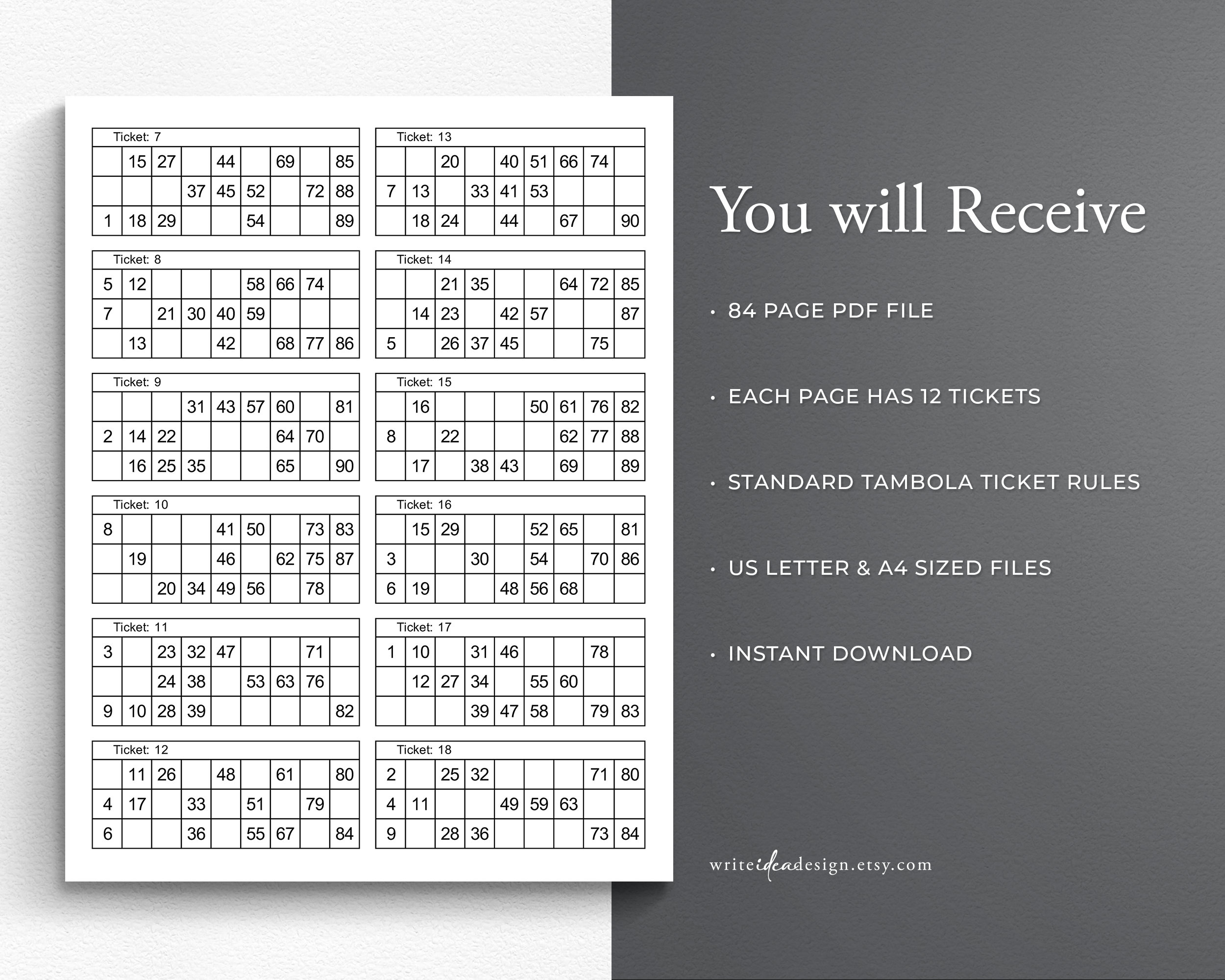 Printable Set of 1,000 Tambola Tickets. 12 Tickets per Page. 84 Pages ...