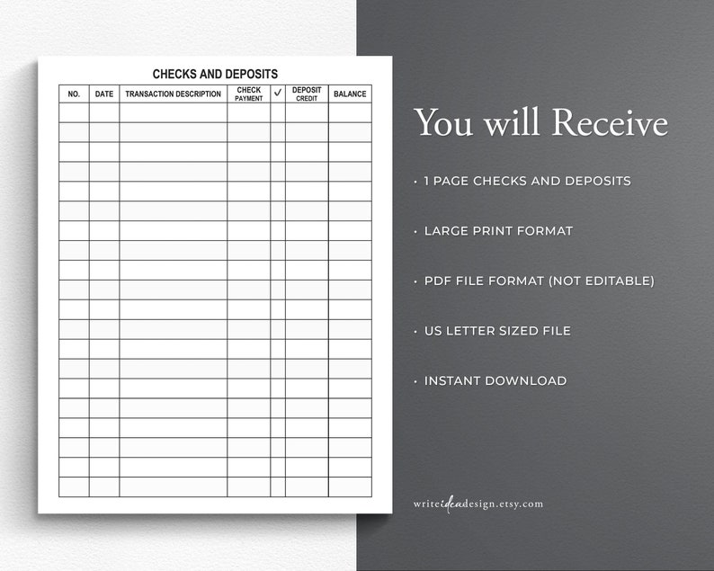 Printable Large Print Checkbook Register: US Letter Size (PDF) - Etsy