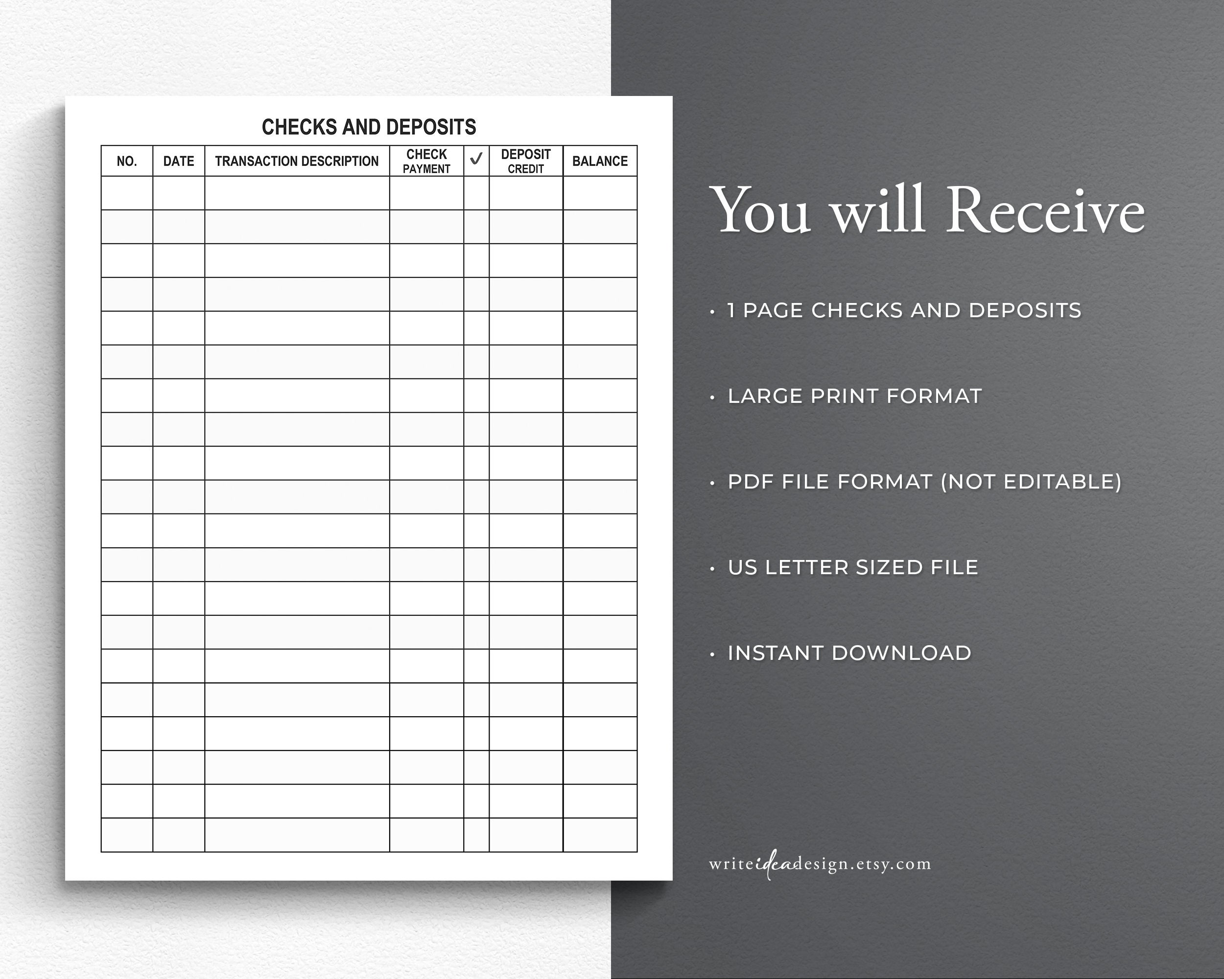 Printable Large Print Checkbook Register: US Letter Size (PDF) - Etsy