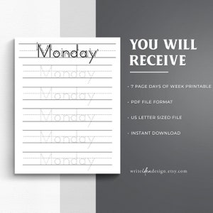 Printable Days of the Week Tracing Worksheets. Kids Handwriting ...