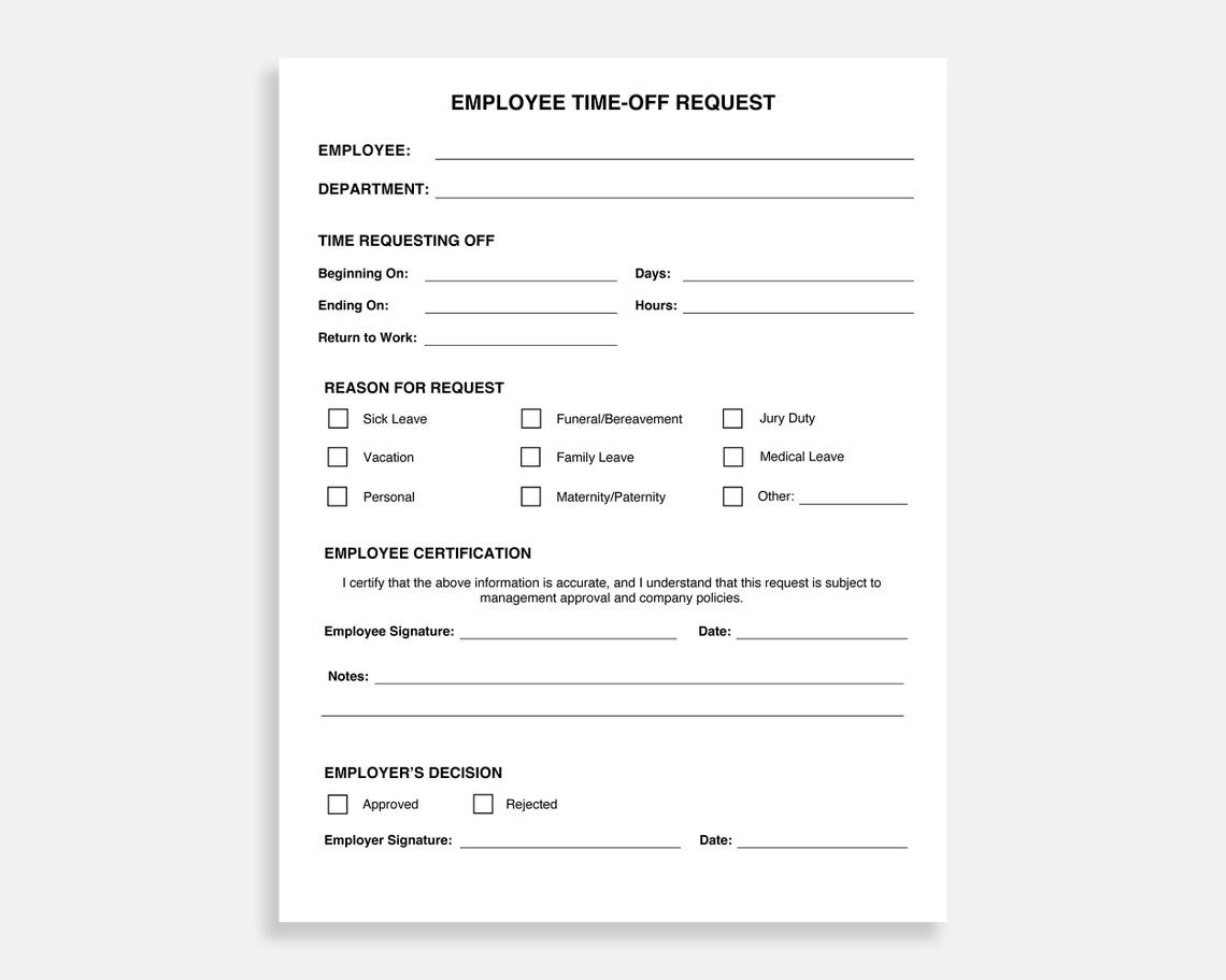 Employee Time-off Request Template. Vacation Request Form. PTO - Etsy