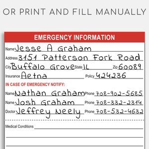 Printable Emergency Information Cards. Medical Alert ID. - Etsy