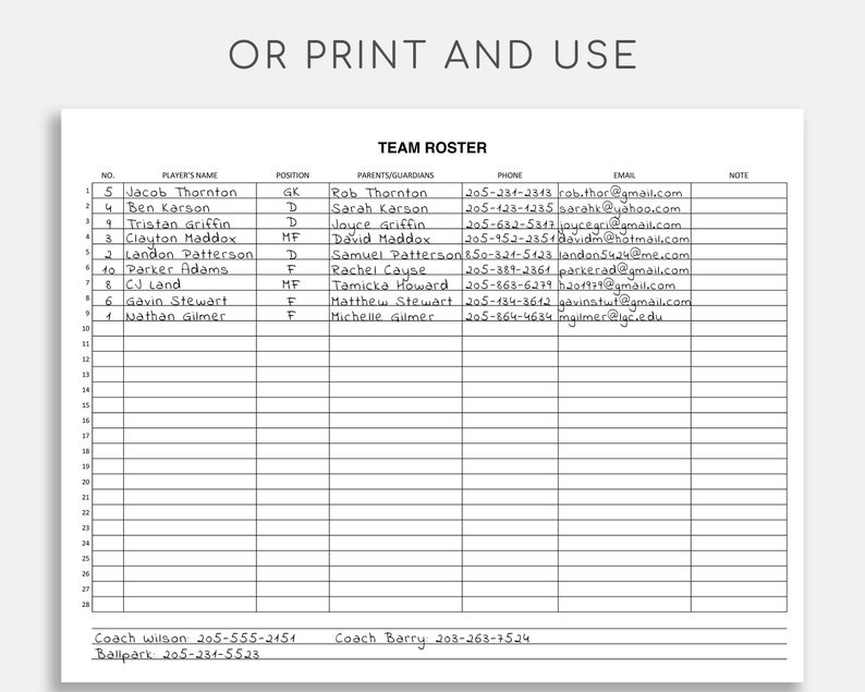 Team Roster. Google Docs/word/adobe PDF. Sports Roster - Etsy