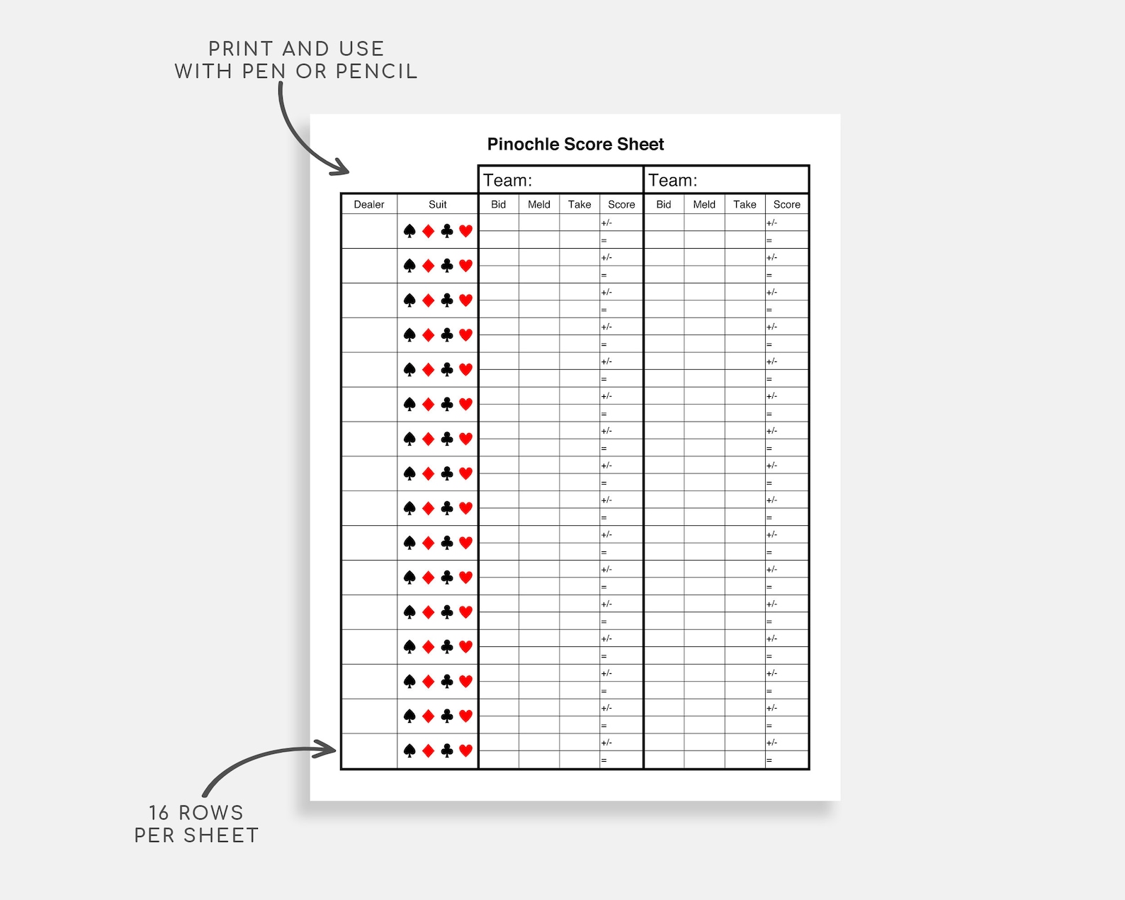 Pinochle Score Card. Printable Pinochle Score Sheet. Pinochle - Etsy