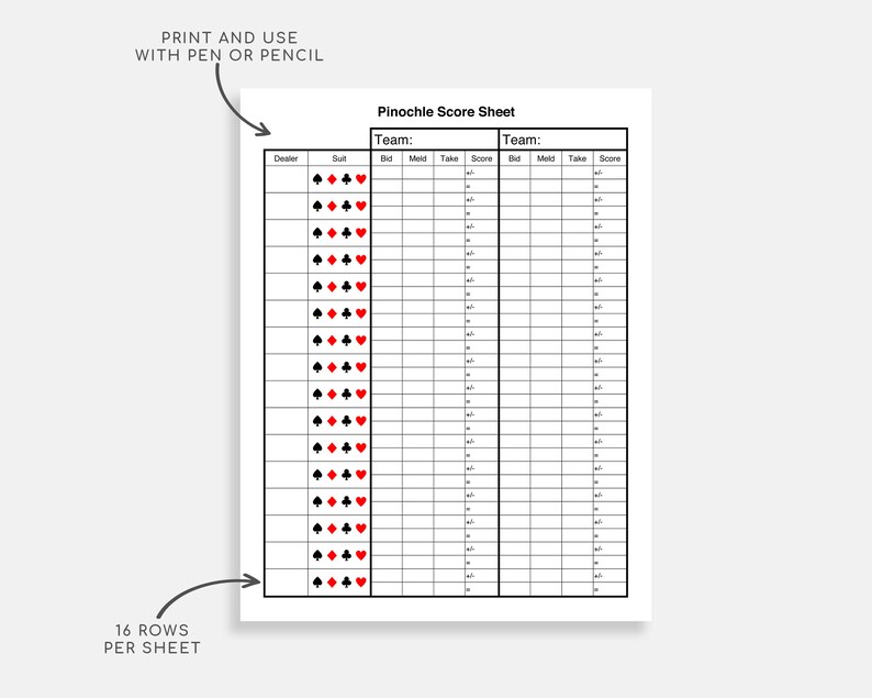 Pinochle Score Card. Printable Pinochle Score Sheet. Pinochle - Etsy