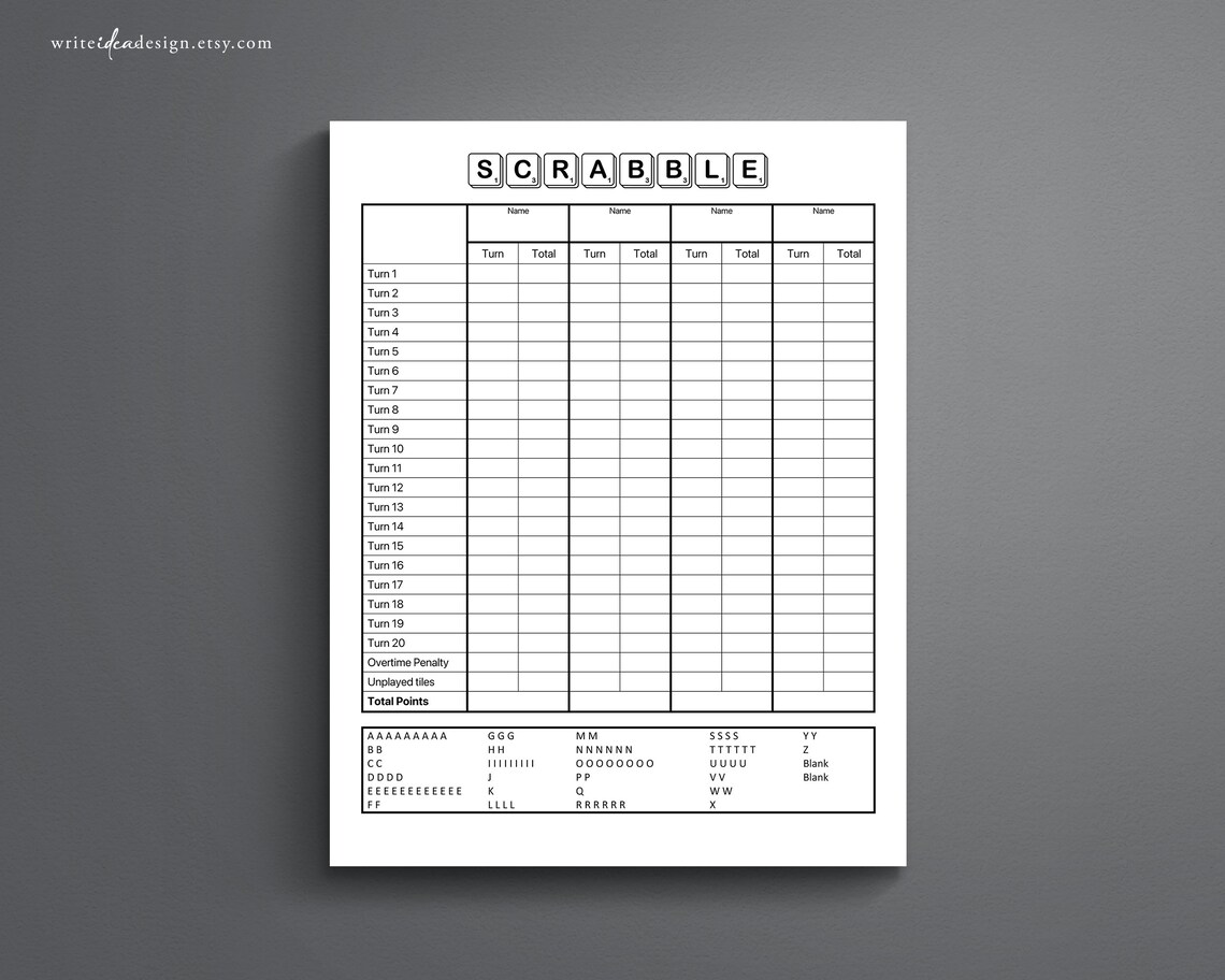 Scrabble Score Card. Printable Scrabble Score Sheet. Scrabble - Etsy