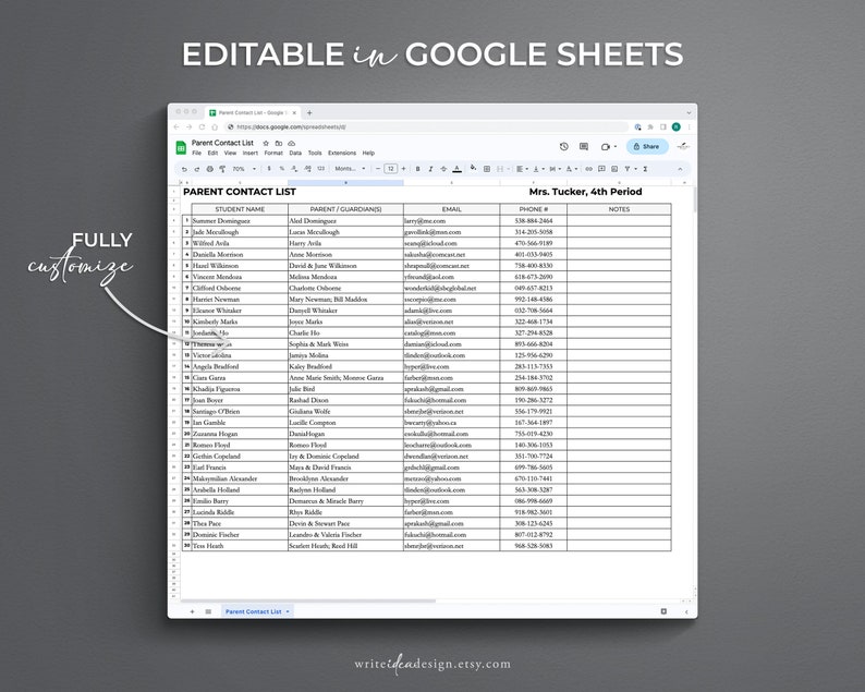 Parent Contact List Template: Excel, Google Sheets, Printable PDF - Etsy