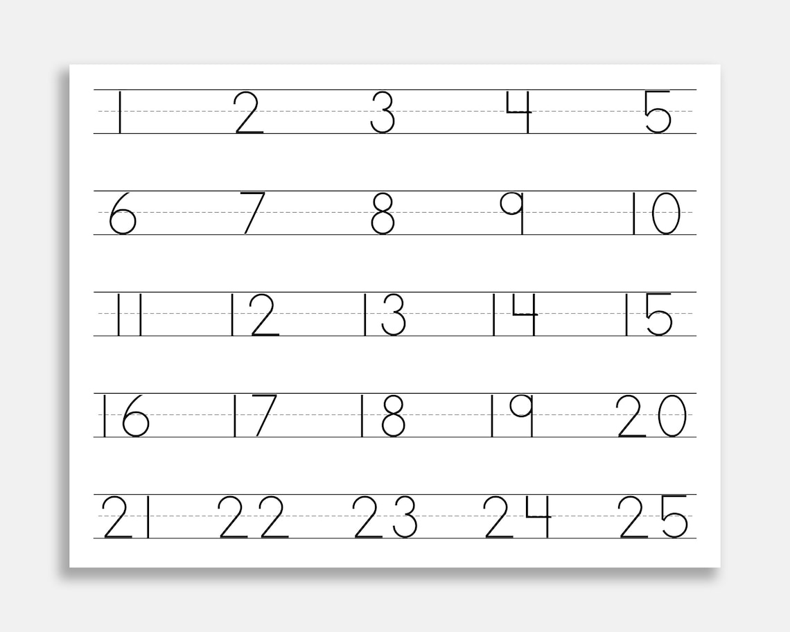Number Tracing Worksheet 1-25. Printable Trace Numbers. - Etsy