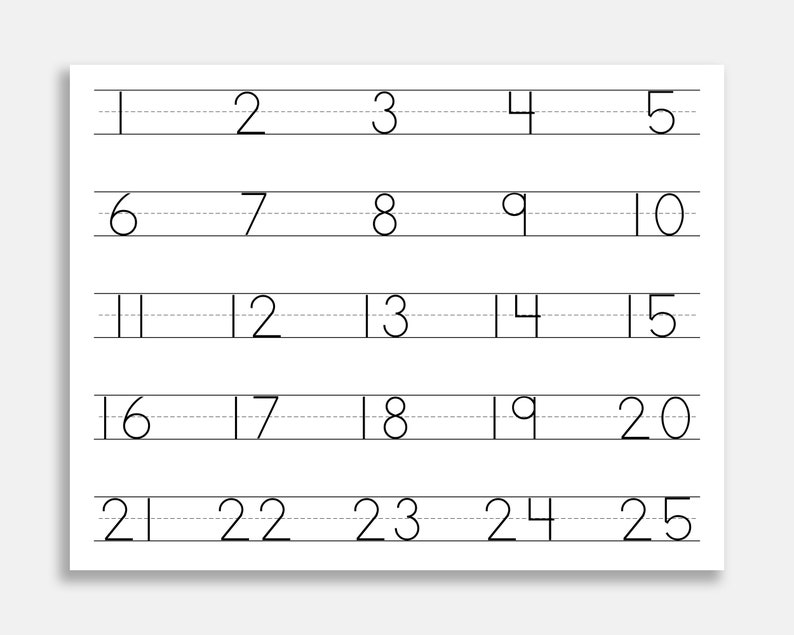 Number Tracing Worksheet 1-25. Printable Trace Numbers. - Etsy