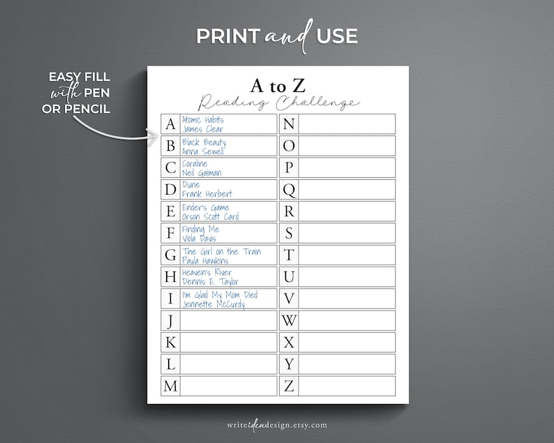 A to Z Reading Challenge Printable: Book Lover Gift (PDF) - Etsy