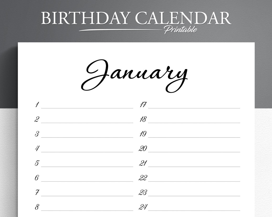 Birthday Calendar. Printable Birthday Tracker. Birthday - Etsy