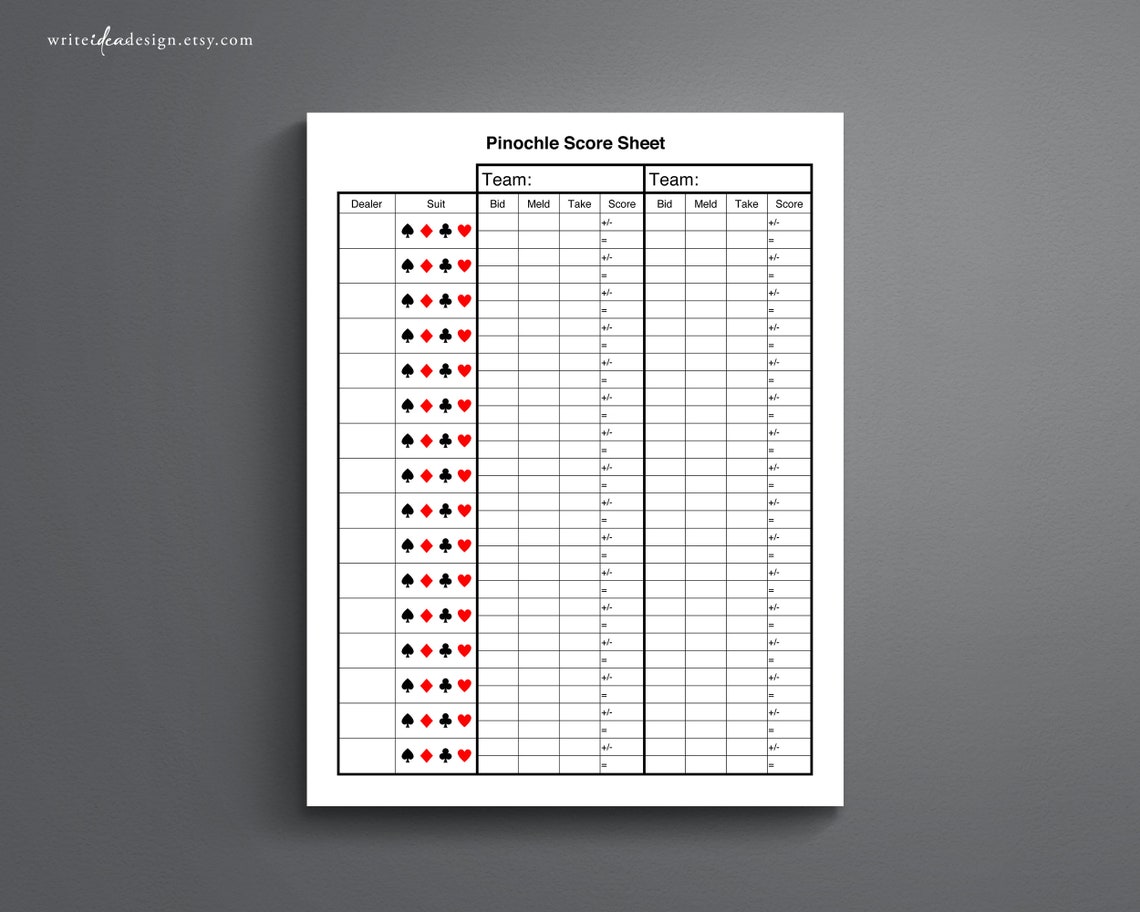 Pinochle Score Card. Printable Pinochle Score Sheet. Pinochle Score Pad ...