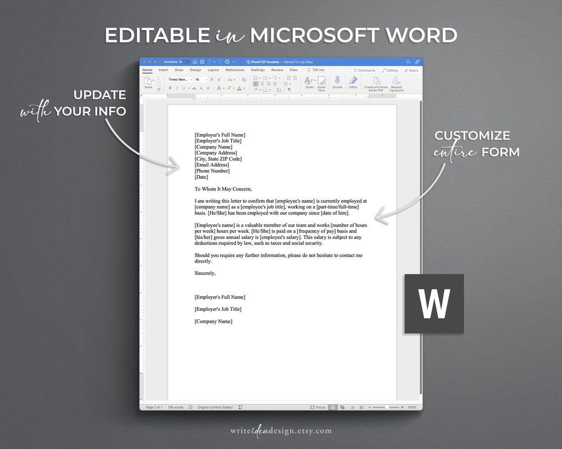Professional Proof of Income Letter Template. Google Docs/microsoft ...