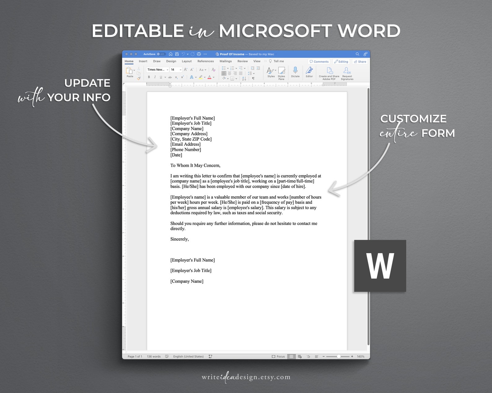 Professional Proof of Income Letter Template. Google Docs/microsoft ...