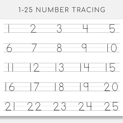 Number Tracing Worksheet 1-25. Printable Trace Numbers. - Etsy