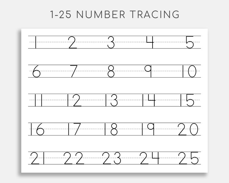 Number Tracing Worksheet 1-25. Printable Trace Numbers. - Etsy