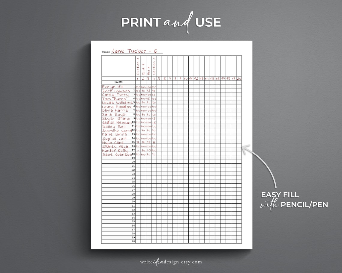 Printable Grade Book. Teacher Grade Book. Grade Tracker. Grade - Etsy